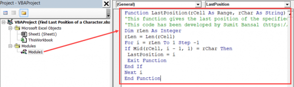 Find Position of the Last Occurrence of a Character in Excel