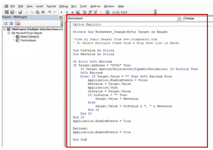 Select Multiple Items from a Drop Down List in Excel