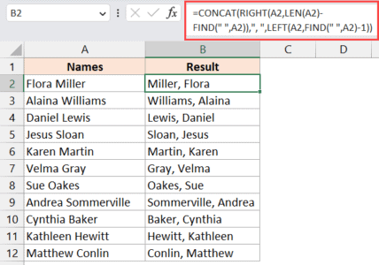 How to Switch First and Last Name in Excel with Comma?