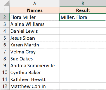 How to Switch First and Last Name in Excel with Comma?
