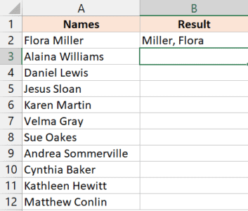 How to Switch First and Last Name in Excel with Comma?