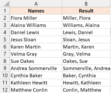 How to Switch First and Last Name in Excel with Comma?