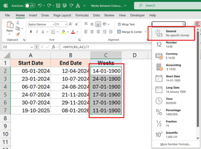 Calculate Number of Weeks Between Two Dates (3 Easy Formulas)