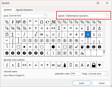 Insert Less Than Or Equal To Symbol in Excel