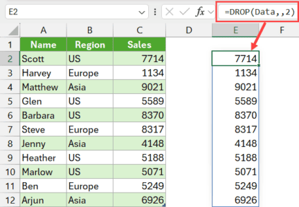 DROP Function in Excel