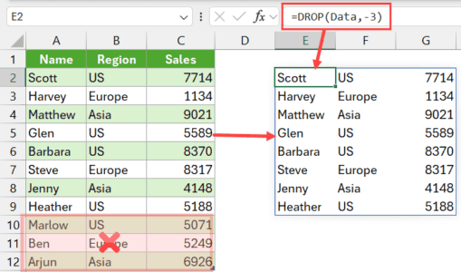 DROP Function in Excel