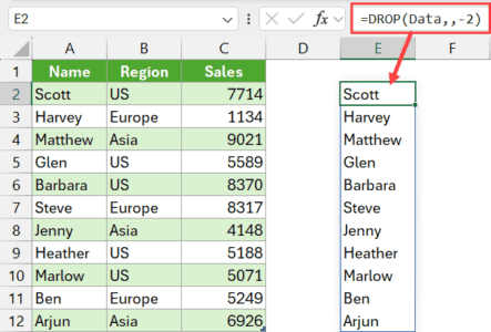 DROP Function in Excel