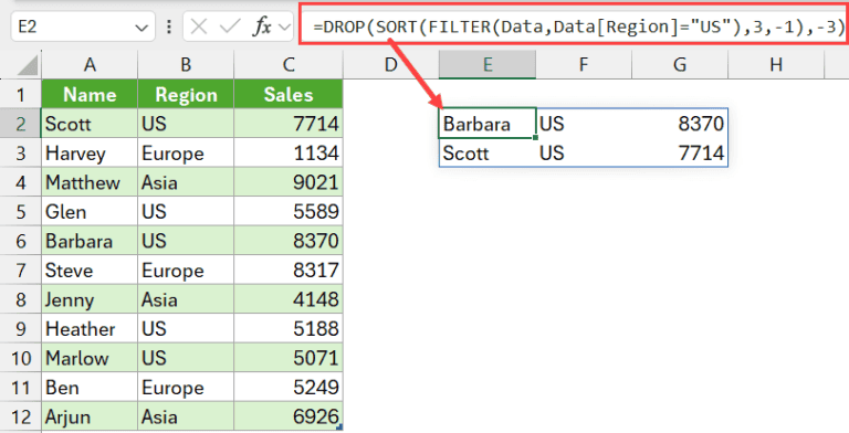 DROP Function in Excel