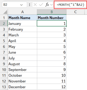 Convert Month Name to Number in Excel