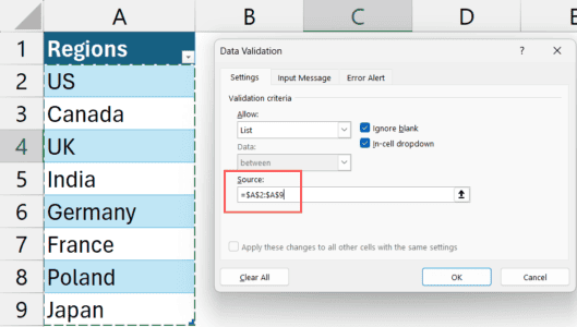 Create Data Validation List from Excel Table as Source